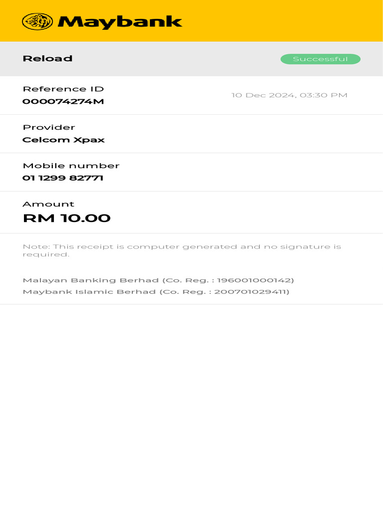Celcom Xpax RM10 Reload Receipt | PDF