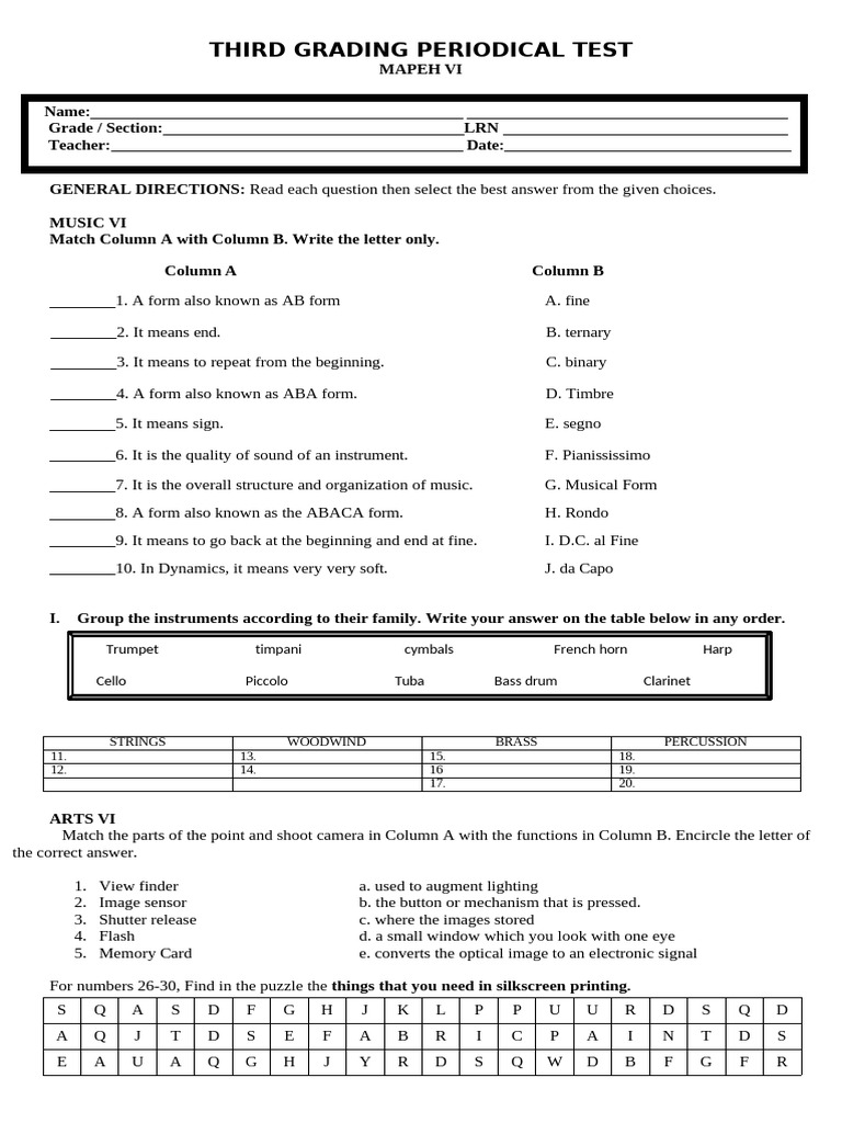MAPEH VI Third Grading Test Guide | PDF | Musical Instruments | Mosquito