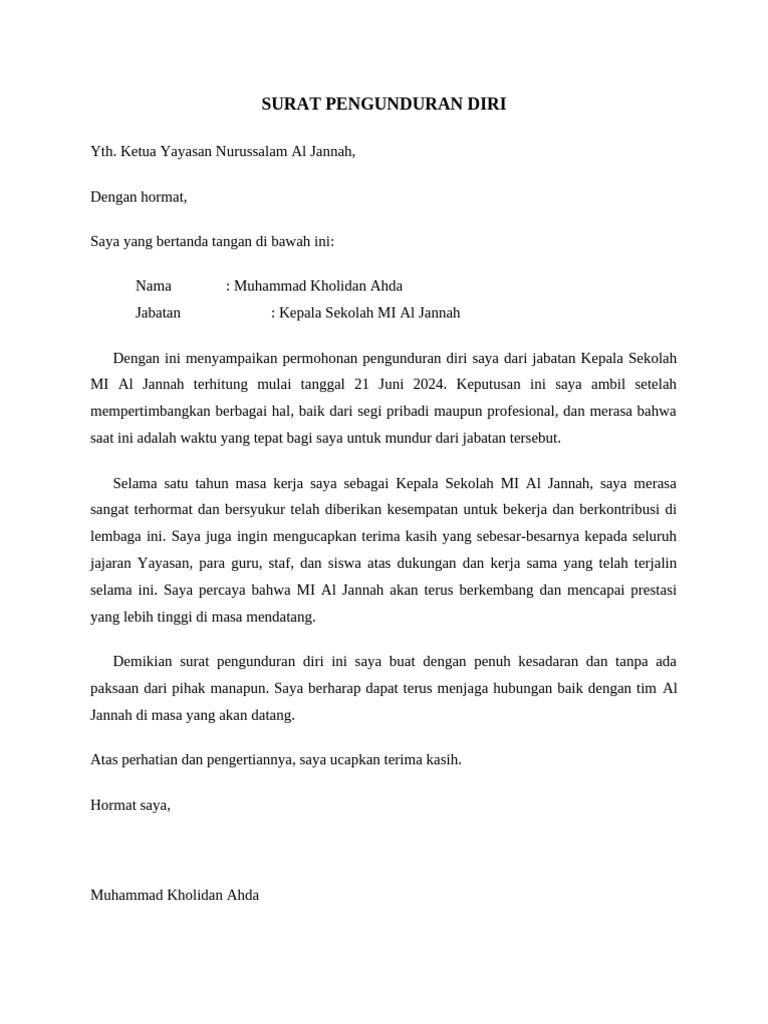 SURAT PENGUNDURAN DIRI - AHDA | PDF