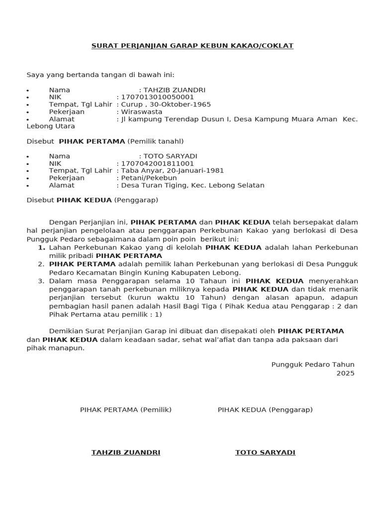 SURAT Perjanjian GARAP Tanah | PDF