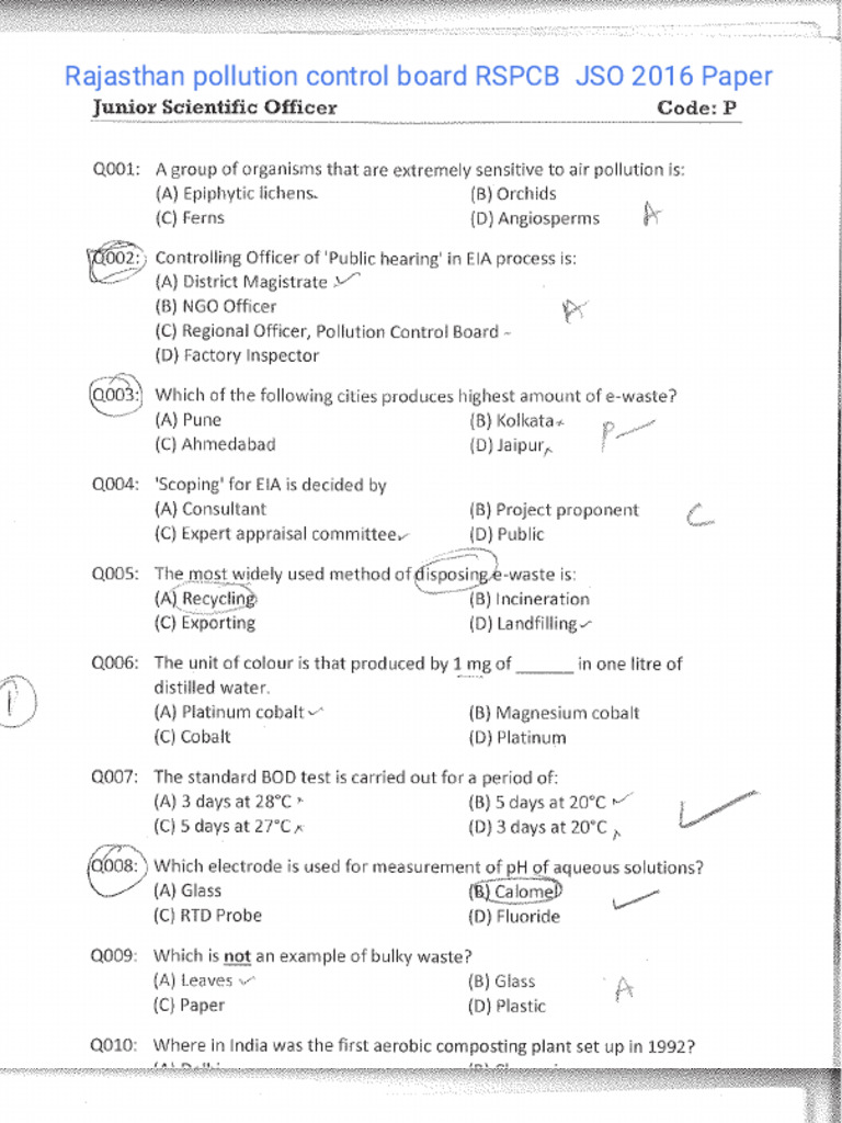 RSPCB JSO 2016 Exam Paper | PDF