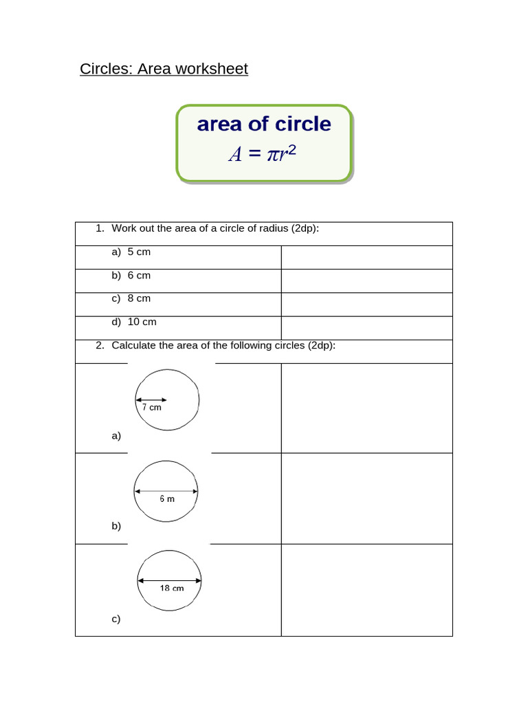 Circle Area Calculation Worksheet | PDF
