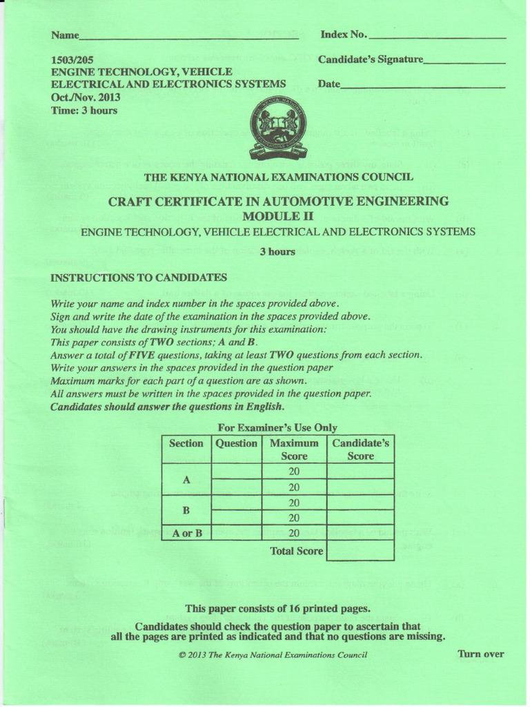 KNEC Craft Egine and auto electrics | PDF