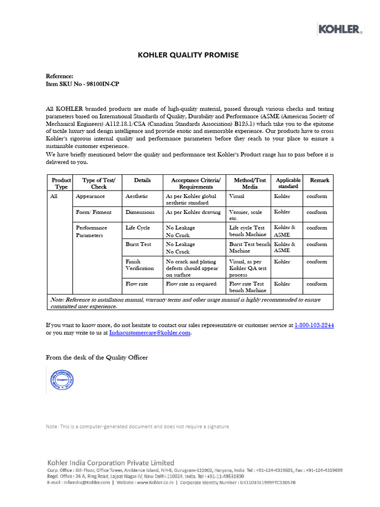 Kohler 98100IN-CP Quality Assurance Tests | PDF