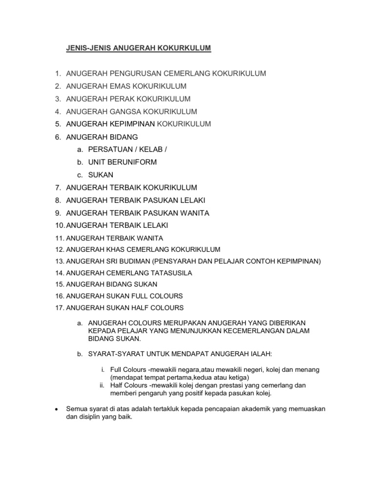 Jenis Anugerah Kokurikulum | PDF