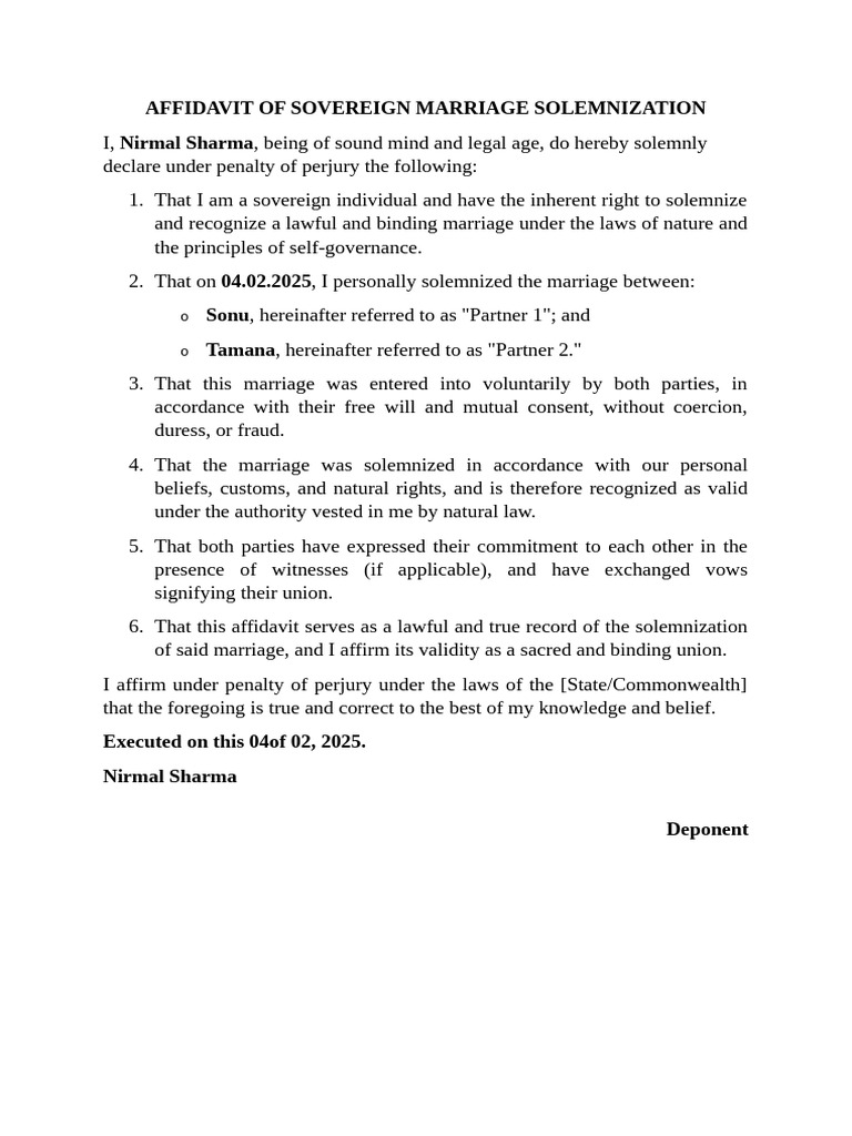 AFFIDAVIT OF SOVEREIGN MARRIAGE SOLEMNIZATION | PDF