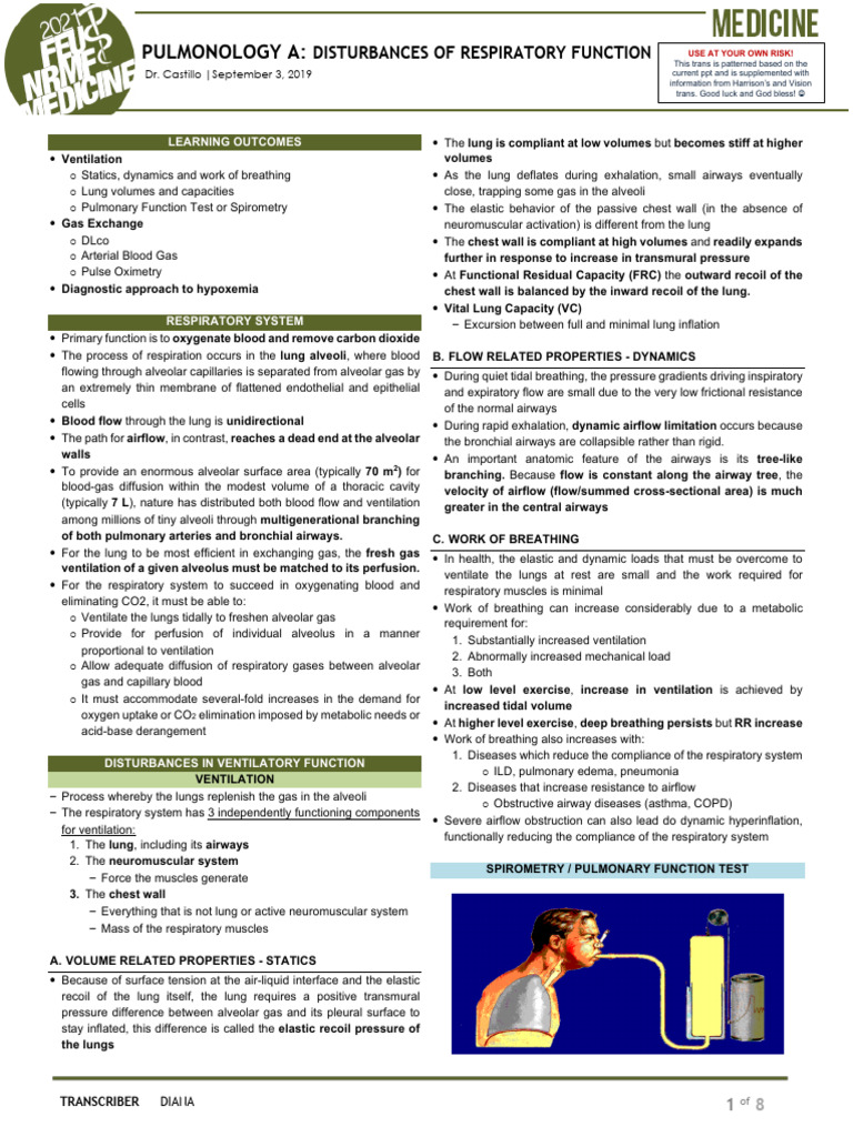 (IM A) (Pulmo A) Disturbances of Respiratory Function-Dr. Castillo (Diana Med 2021) | PDF | Lung ...