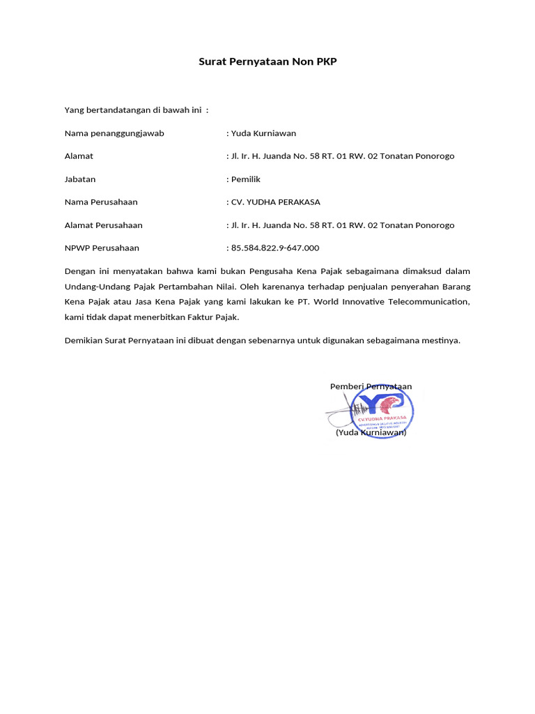 Surat Pernyataan Non PKP | PDF