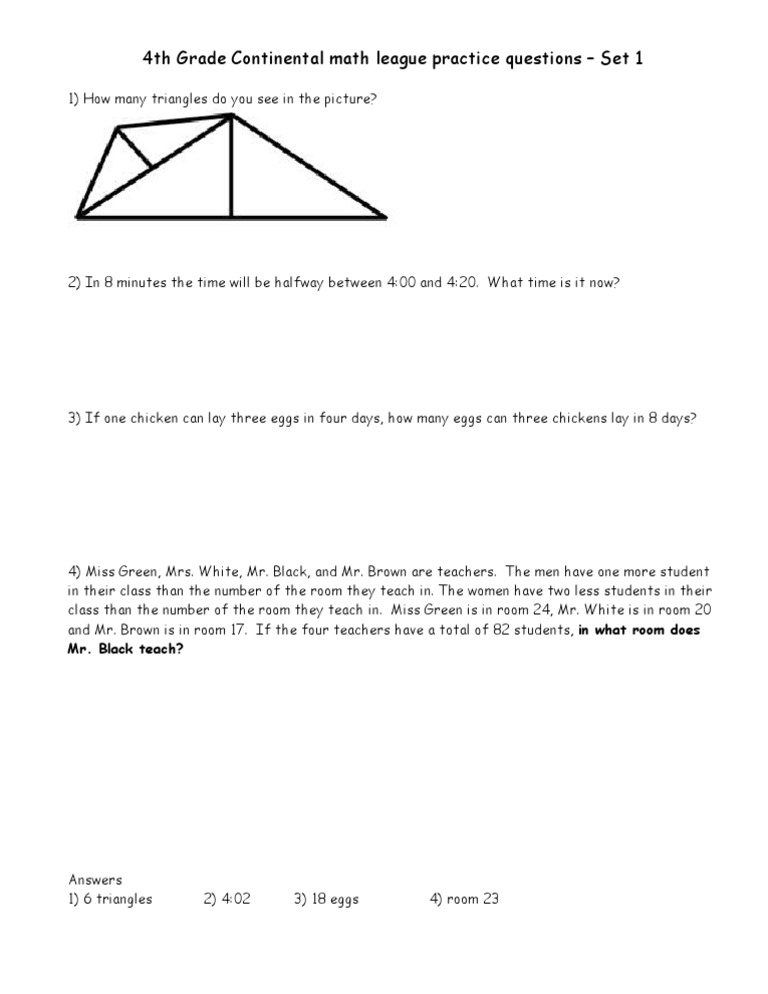 4th Grade Continental Math League Practice Questions - Set 1 | PDF ...