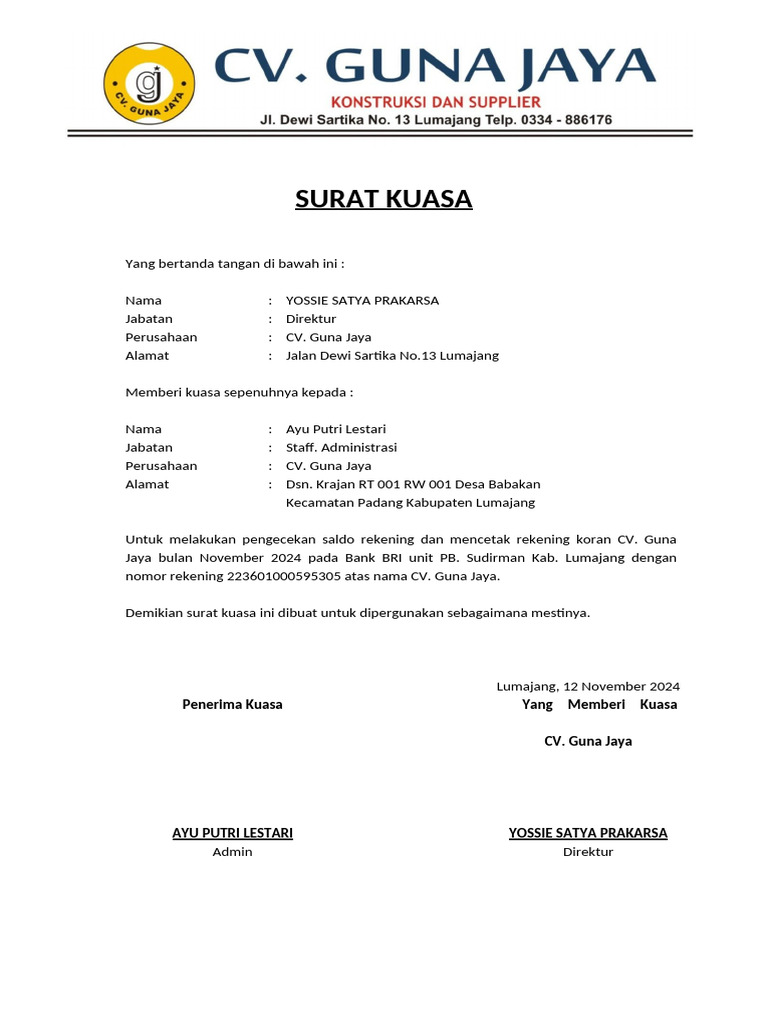 SURAT KUASA Pengambilan Cek | PDF