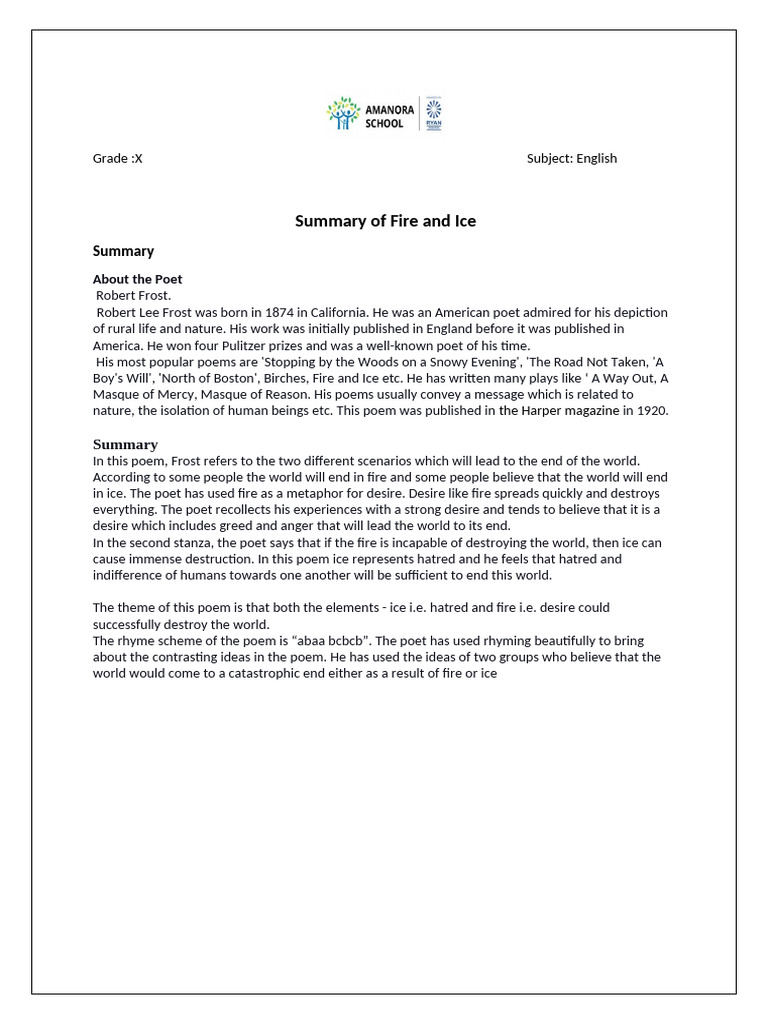 Fire and Ice Poem Summary by Frost | PDF