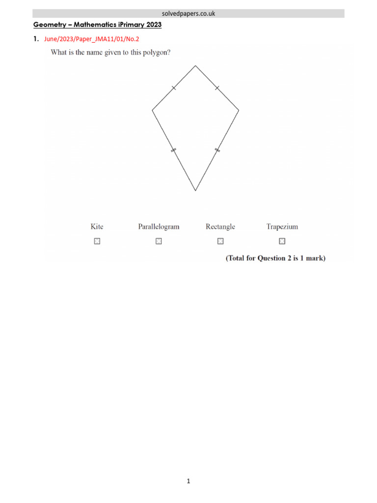 2023june Geometry Edexcel Math Iprimary | PDF