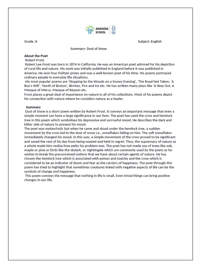 Dust of Snow: Summary & Analysis | PDF