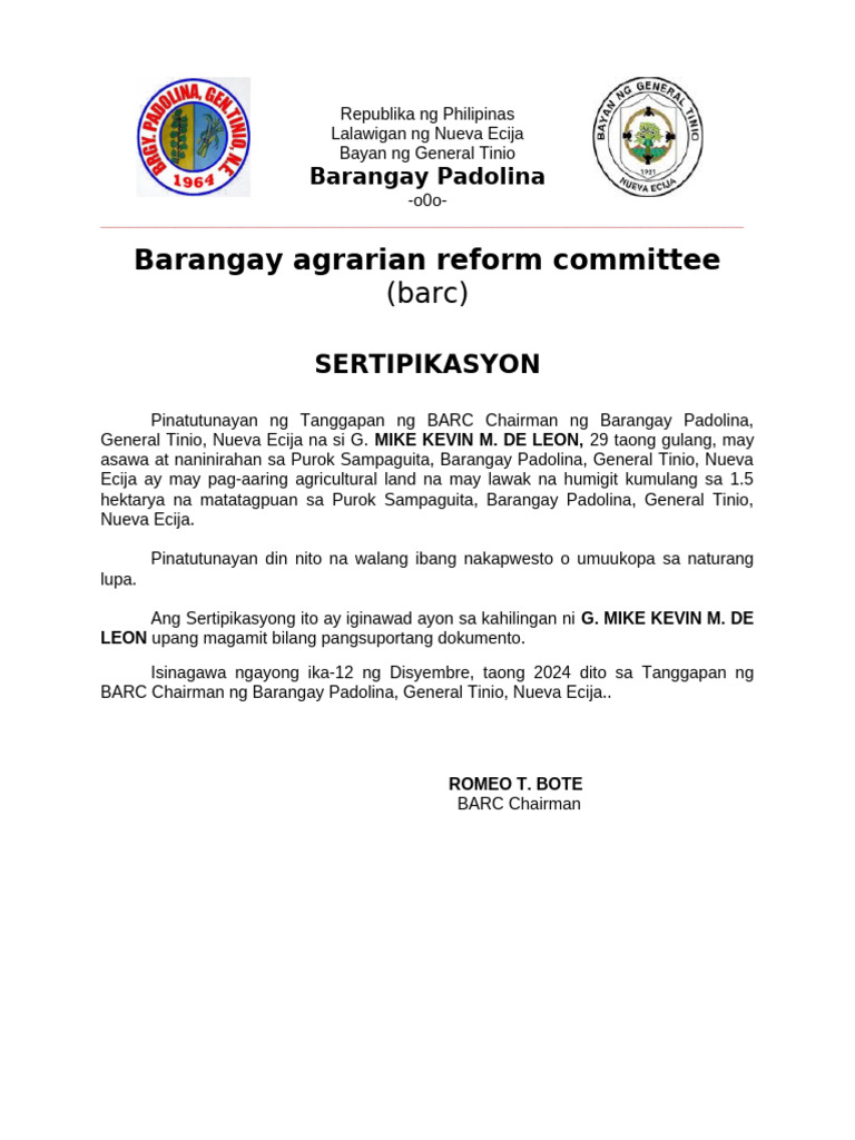 BARC Certification For Regina G. Bote | PDF