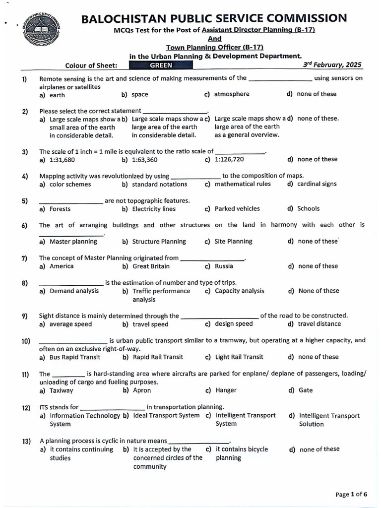 BPSC Question Paper A.D Planning & Town Planning Officer 3 February ...