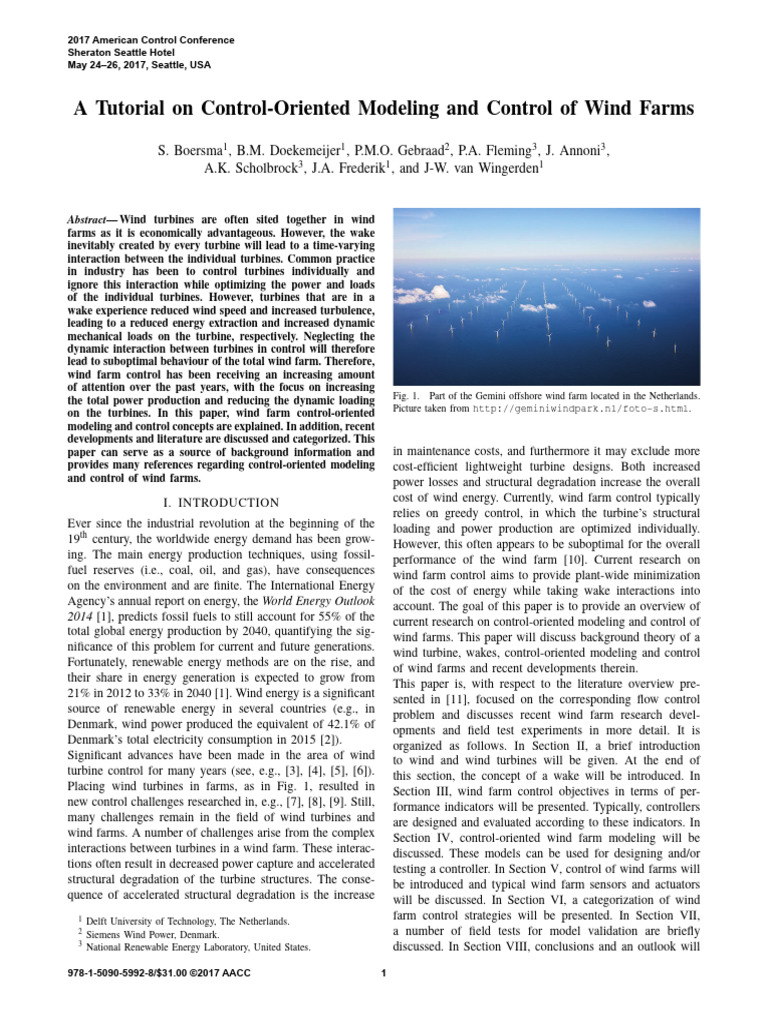 A Tutorial On Control Oriented Modeling And Control Of Wind Farms Pdf