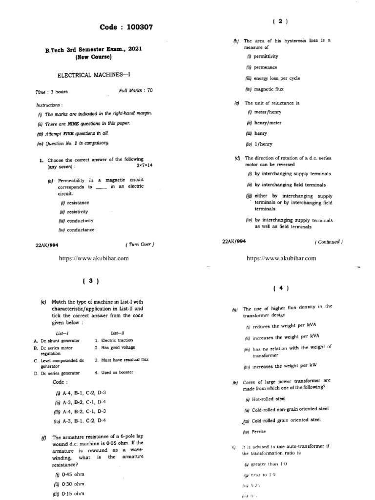 Btech 3 Sem Electrical Machines 1 100307 2021 | PDF
