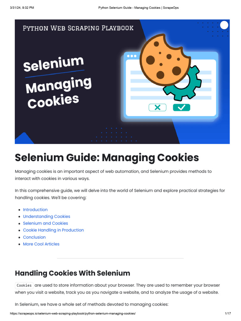 11.python Selenium Guide - Managing Cookies - ScrapeOps | PDF | Http Cookie | Selenium (Software)