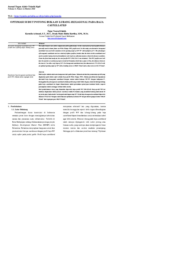 Optimasi Sudut Potong Bukaan Lubang Hexagonal Pada Baja Castellated | PDF
