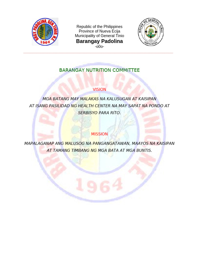 Barangay Nutrition Committee Mission & Vision | PDF