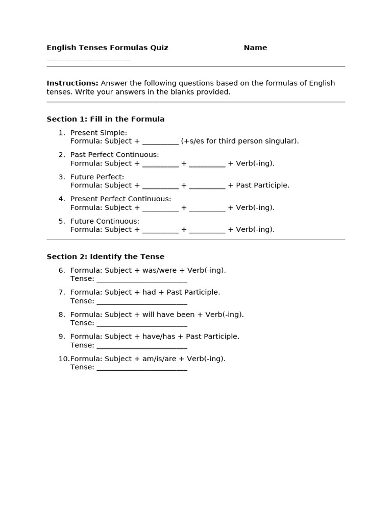 English Tenses Formulas Quiz | PDF