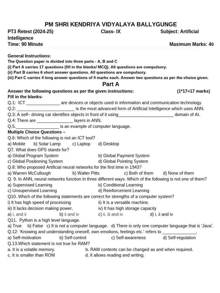 KVB Class IX AI PT3 | PDF | Artificial Intelligence | Intelligence (AI) & Semantics