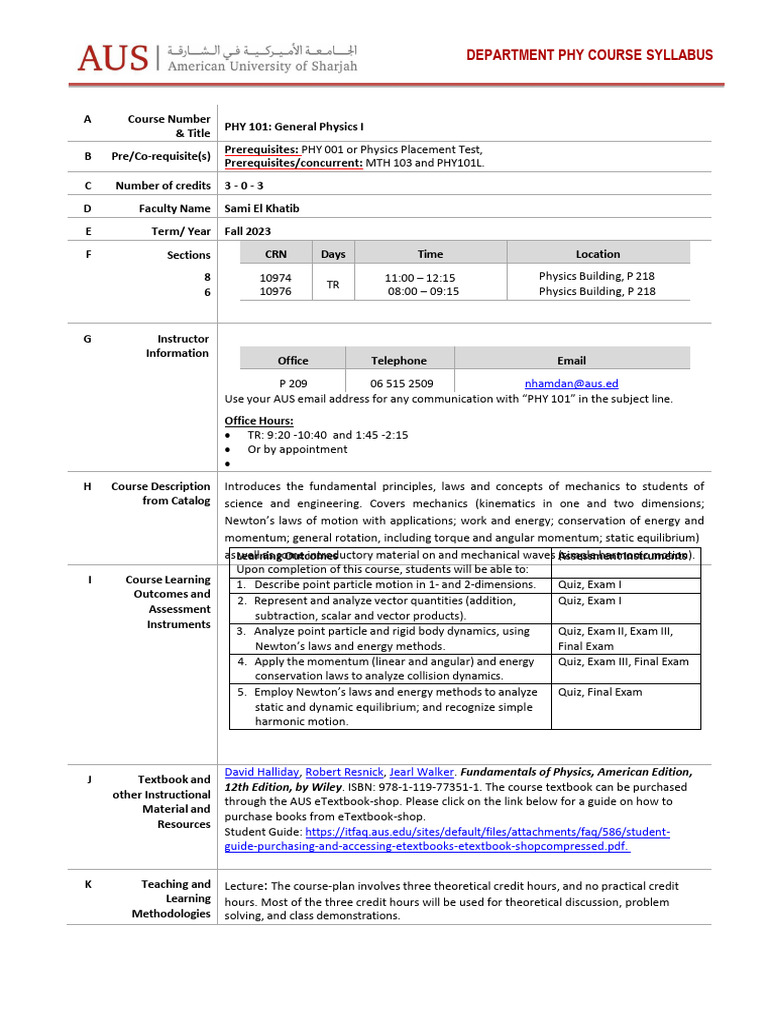 Syllabus PHY101 Fall23 Hamdan | PDF | Momentum | Force