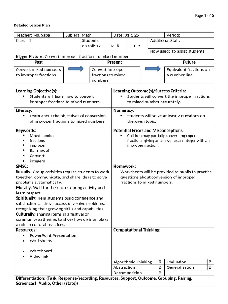 Lesson Plan 8 - Convert Improper Fractions To Mixed Numbers | PDF ...