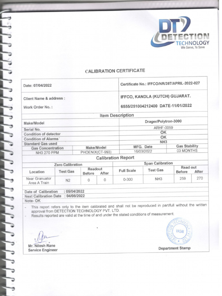 Calibration Certificate of Ammonia Sensor - A Train | PDF