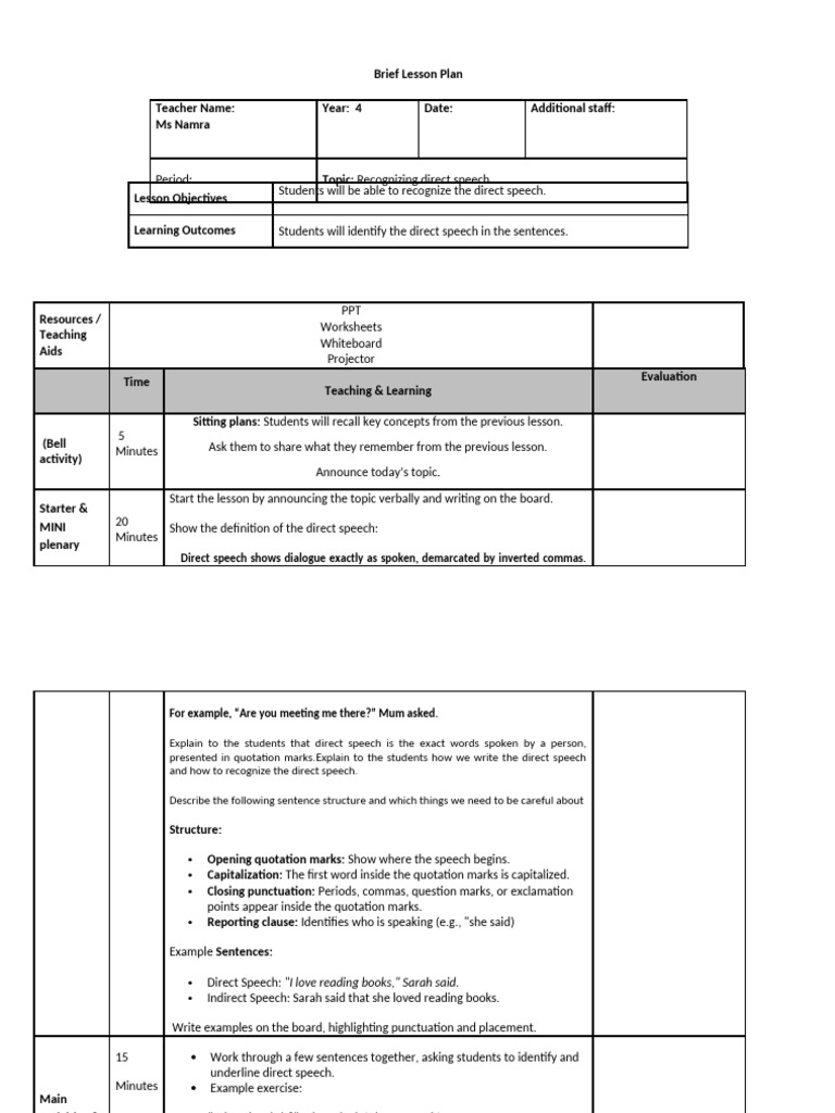 Lesson Plan for Direct Speech Recognition | PDF | Punctuation ...
