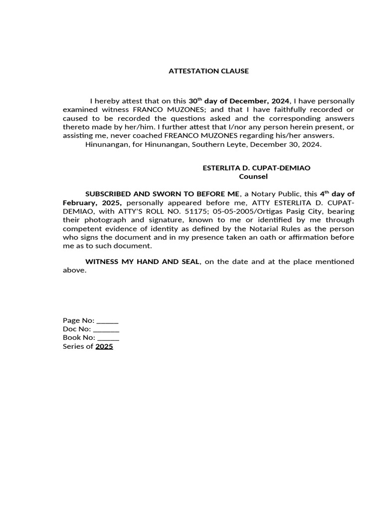 Attestation Clause Franco Muzones | PDF