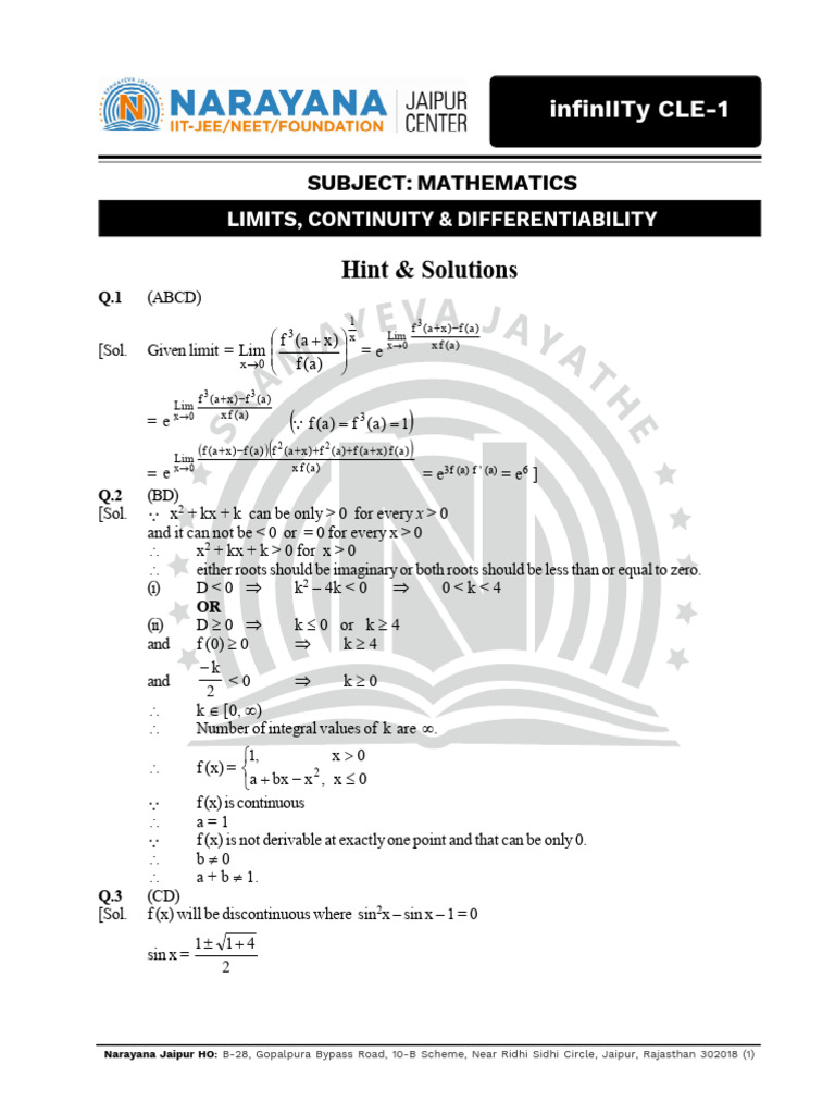 Solution Mathematics Limit, Continuity, Differentiability CLE by | PDF