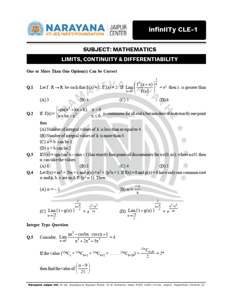 Mathematics Limit, Continuity, Differentiability CLE by Bharat Pareek | PDF | Mathematics ...