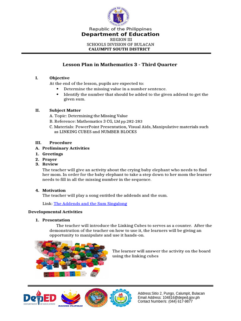 Math Lesson Plan: Missing Values for Grade 3 | PDF | Cognition | Learning