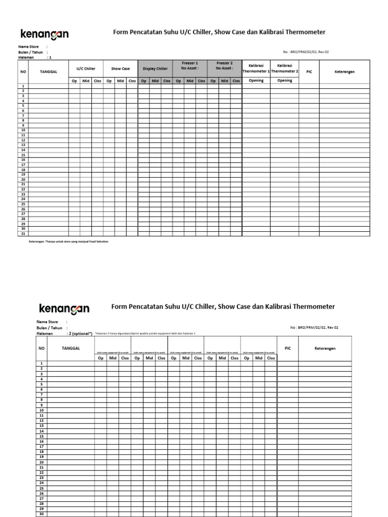 (KB) Form Pencatatan Suhu UC Chiller, Show Case Dan Kalibrasi | PDF