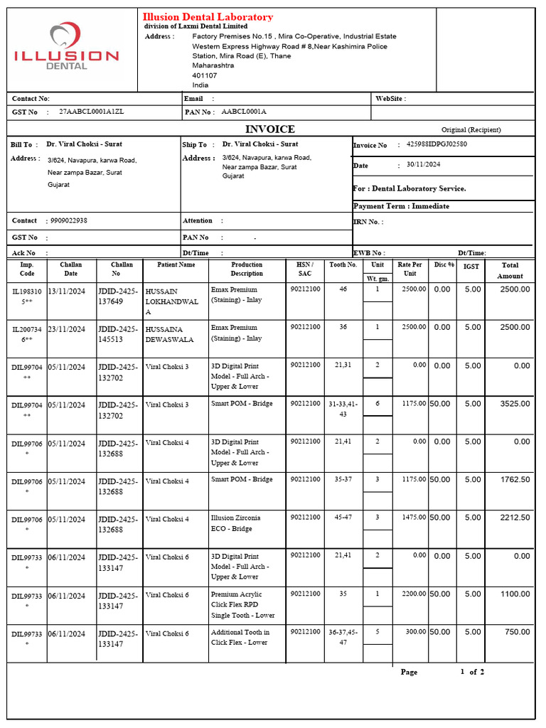 Invoice for Dr. Viral Choksi's Lab Services | PDF | Payments