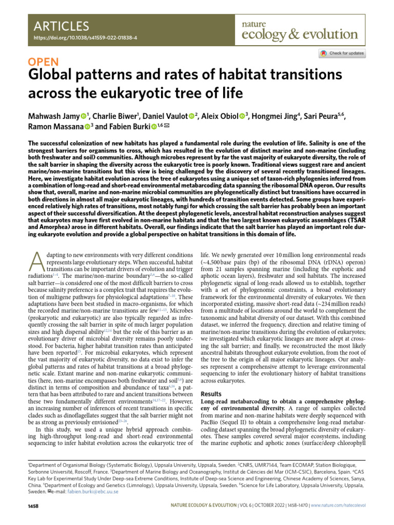 Global patterns and rates of habitat transitions across the eukaryotic ...