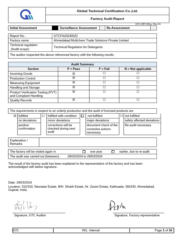 GTC - IRF - 001a - SABER Factory Audit Report | PDF | Calibration | Audit