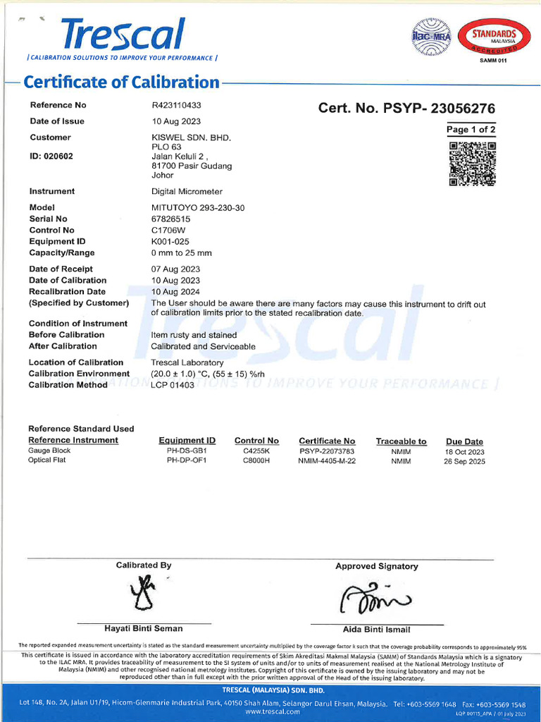 05.1 Calibration Certificate_K001-025_Digital Micrometer | PDF ...