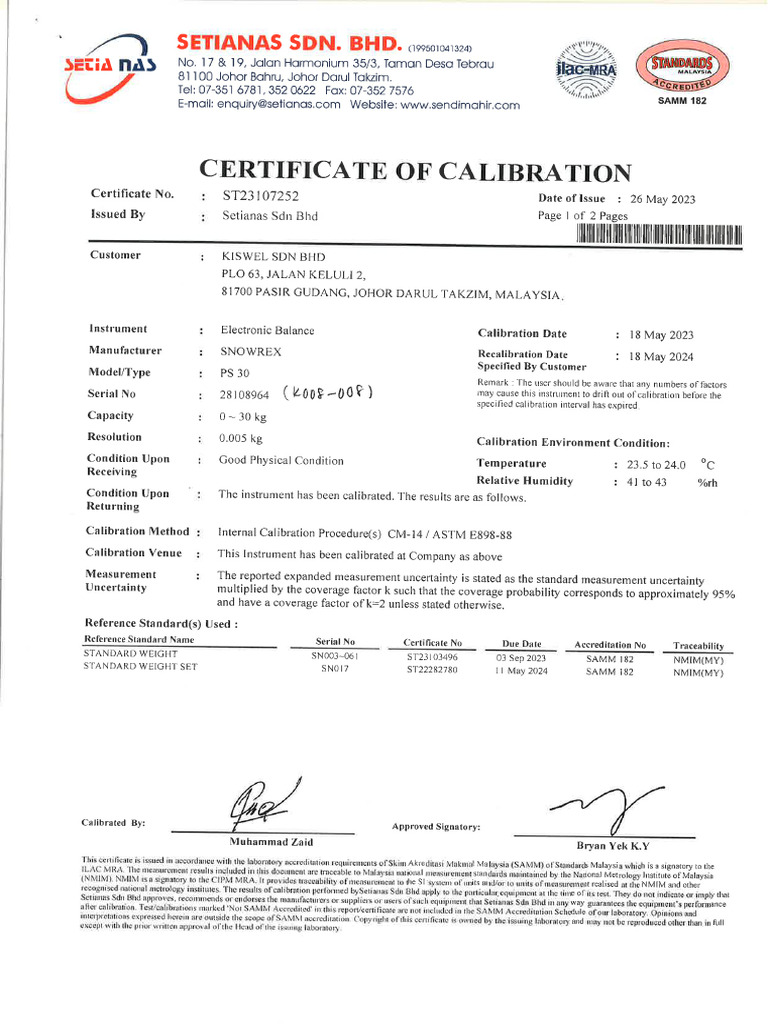 05.3 Calibration Certificate K008-008 Weighing Scale | PDF | Calibration | Measurement