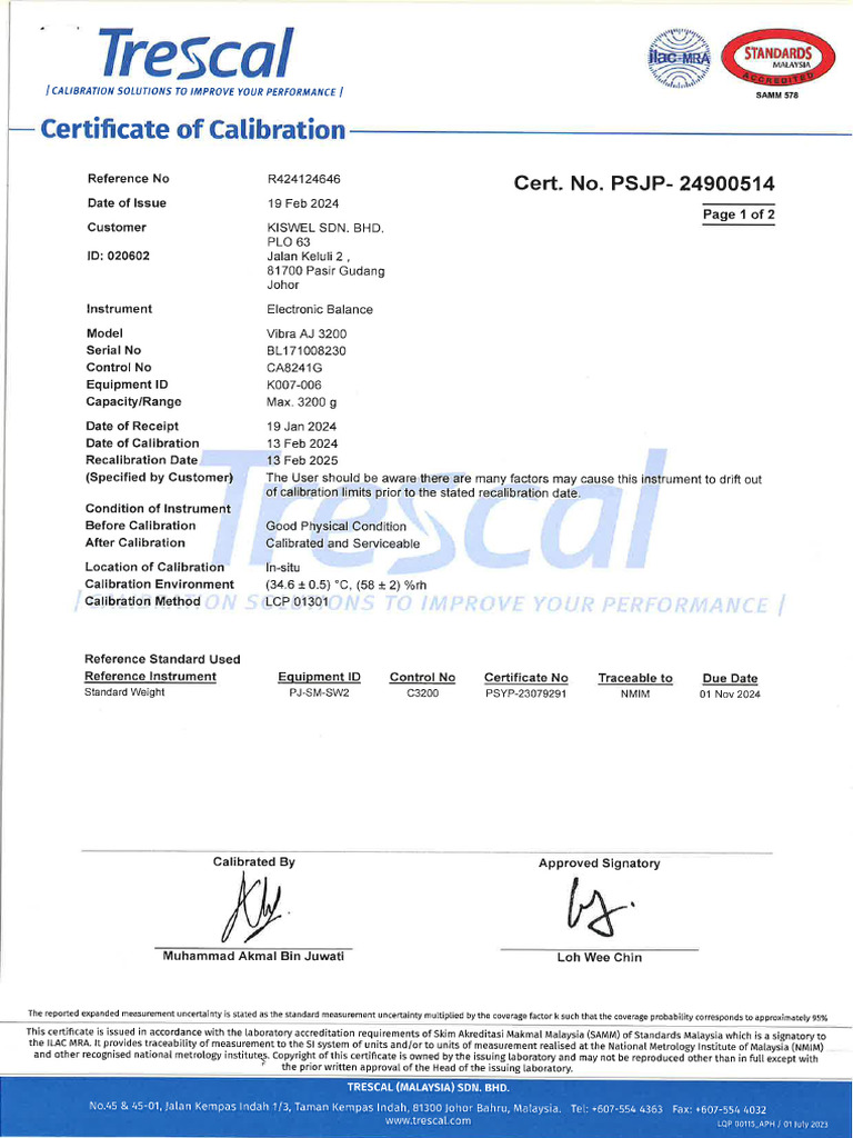 05.2 Calibration Certificate - K007-006 - Electronic Balance | PDF ...