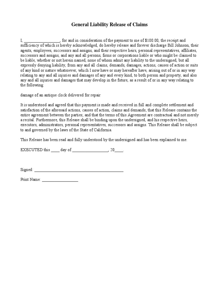 General Liability Release of Claims | PDF