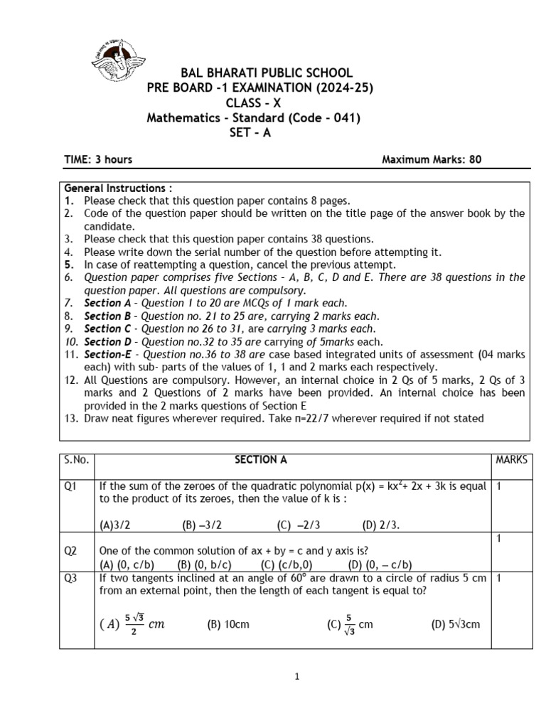 Class X Mathematics Pre-Board Exam 2024-25 | PDF | Circle | Area