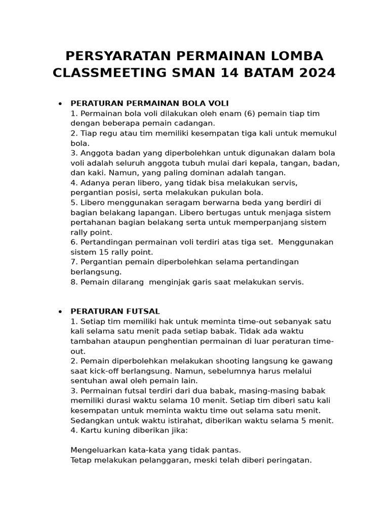 Persyaratan Perlombaan Classmeeting Sman 14 Batam 2024 | PDF