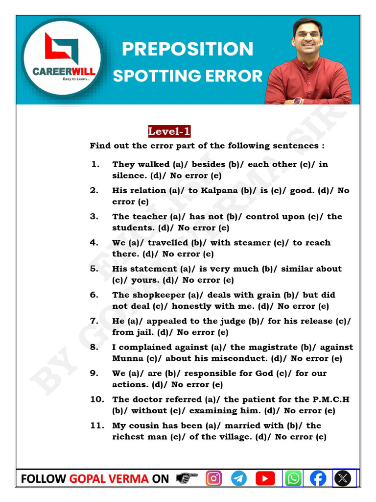 Preposition Error Correction Sheet | PDF