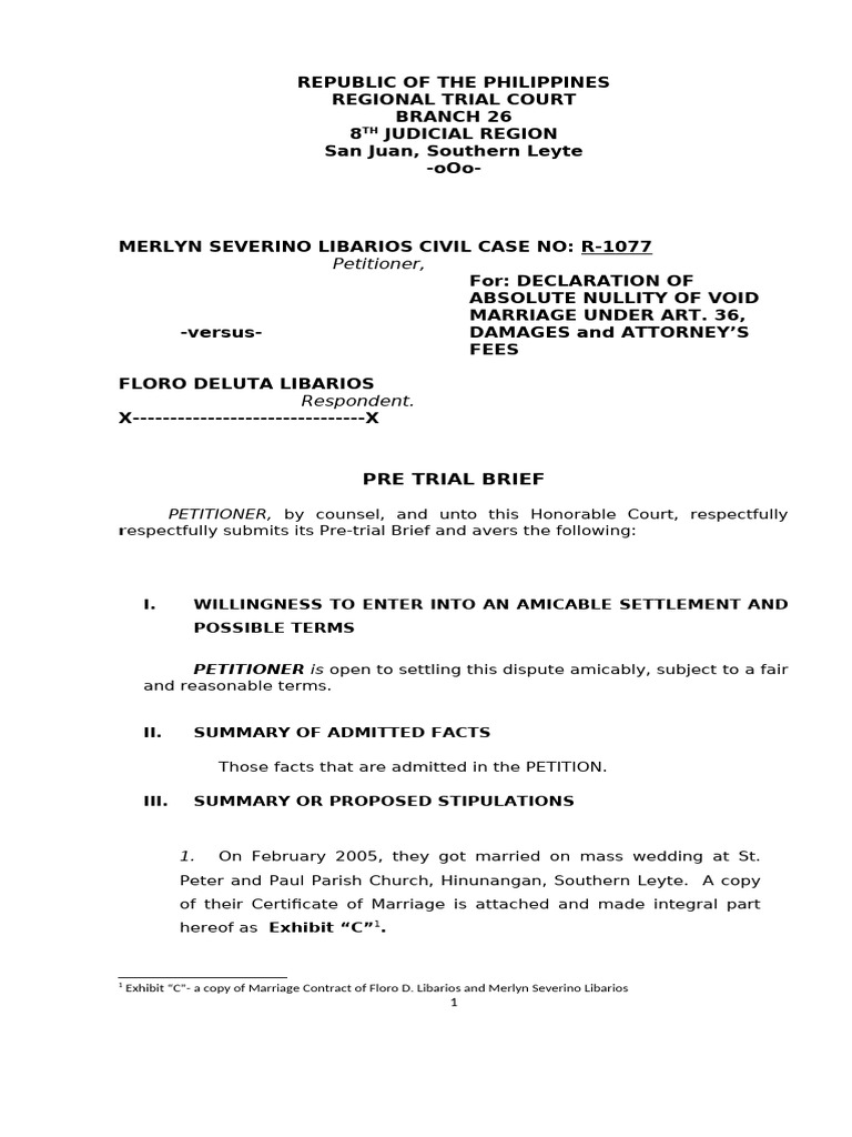 Pre-Trial Brief For Merlyn Libarios | PDF | Annulment