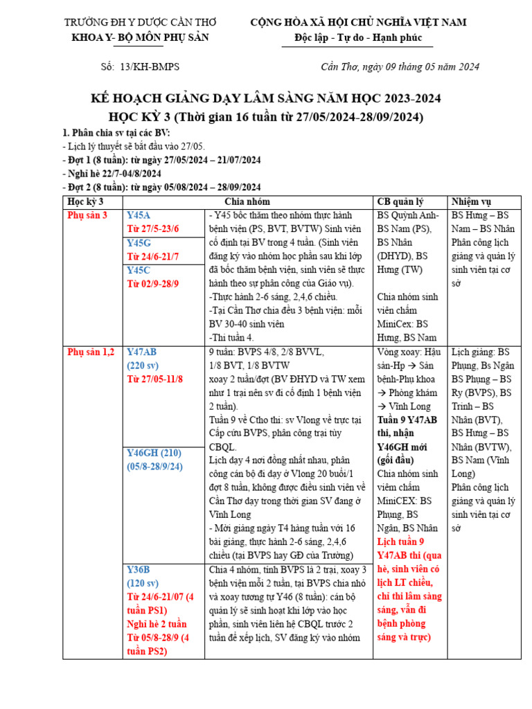 Kế hoạch BM Sản giảng dạy Lsang hk3 23-24 | PDF