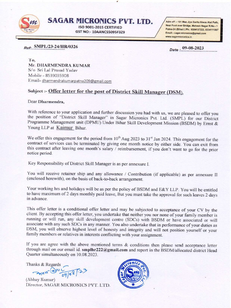 Offer Letter sagar micronics (2) (1) | PDF