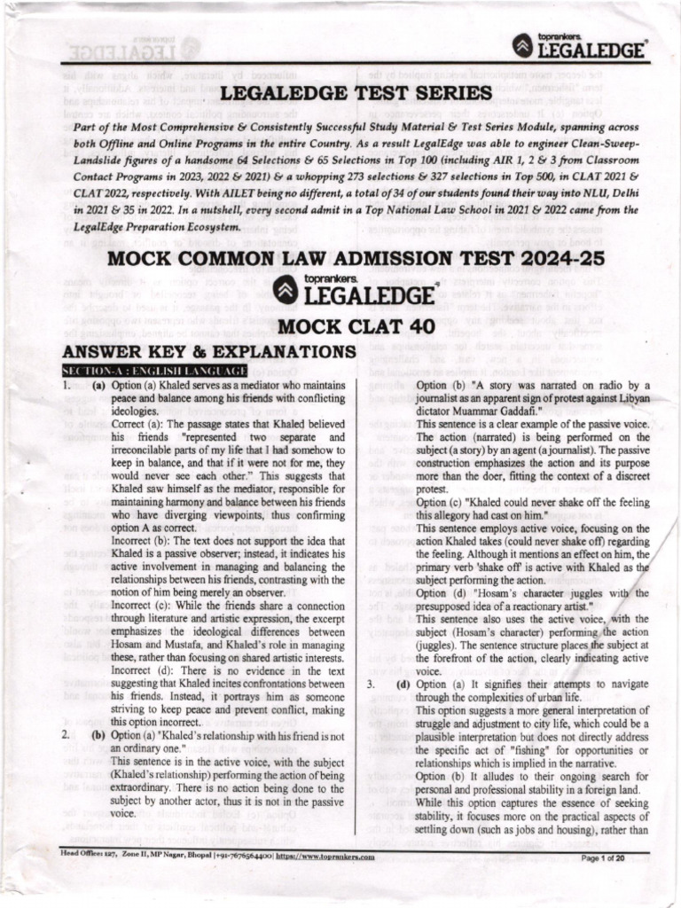 MOCK CLAT 40 KEY | PDF | Adverb