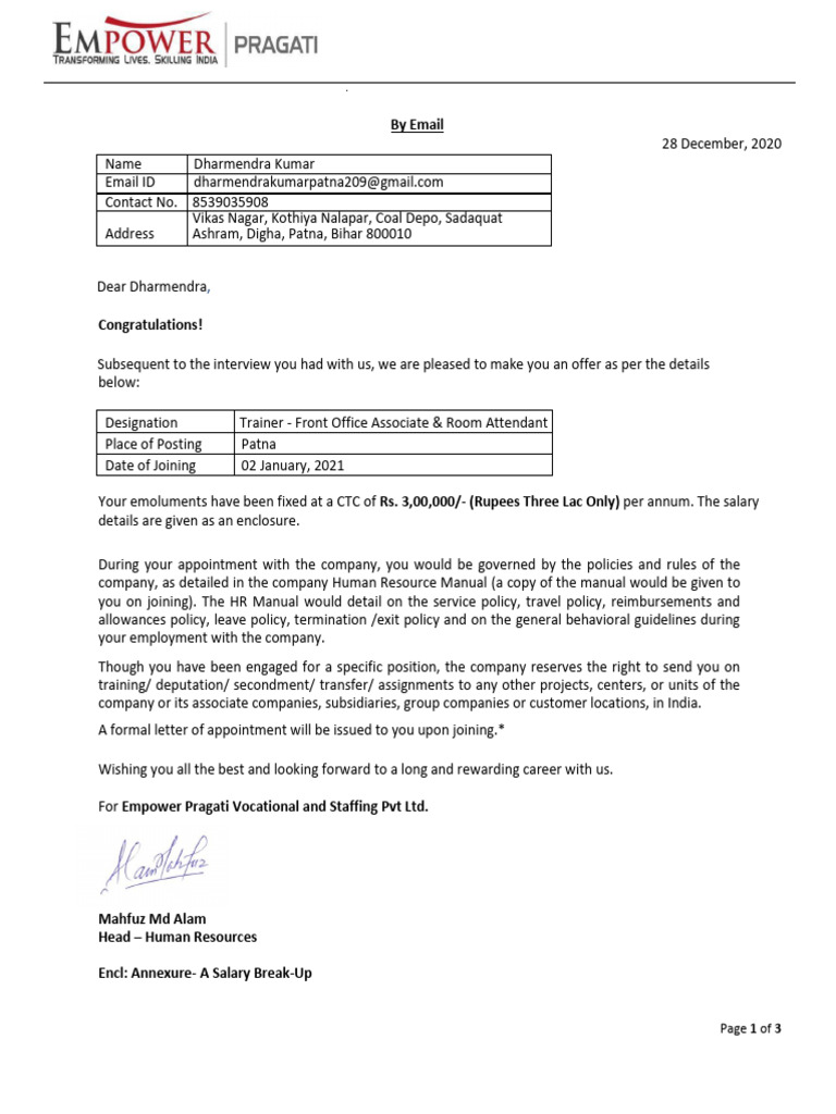 Job Offer and Certification Agreement | PDF | Business